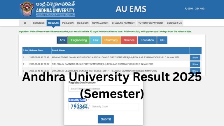 Andhra University Result 2025 (Out)- andhrauniversity.edu.in result